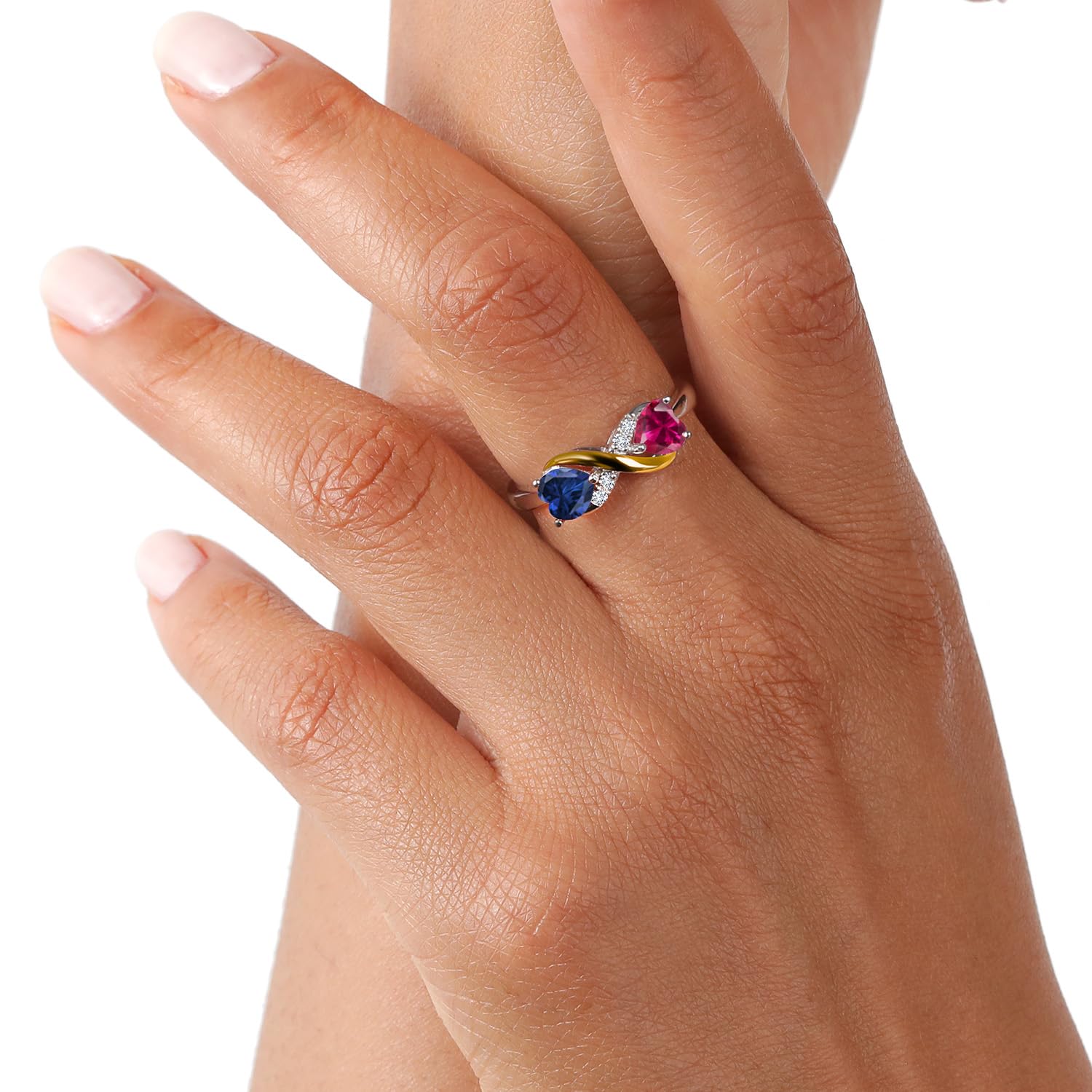 Gem Stone King 925 Sterling Silver and 10K Yellow Gold Red Created Ruby Blue Created Sapphire and Lab Grown Diamond Ring For Women (1.14 Cttw, Available In Size 5, 6, 7, 8, 9)
