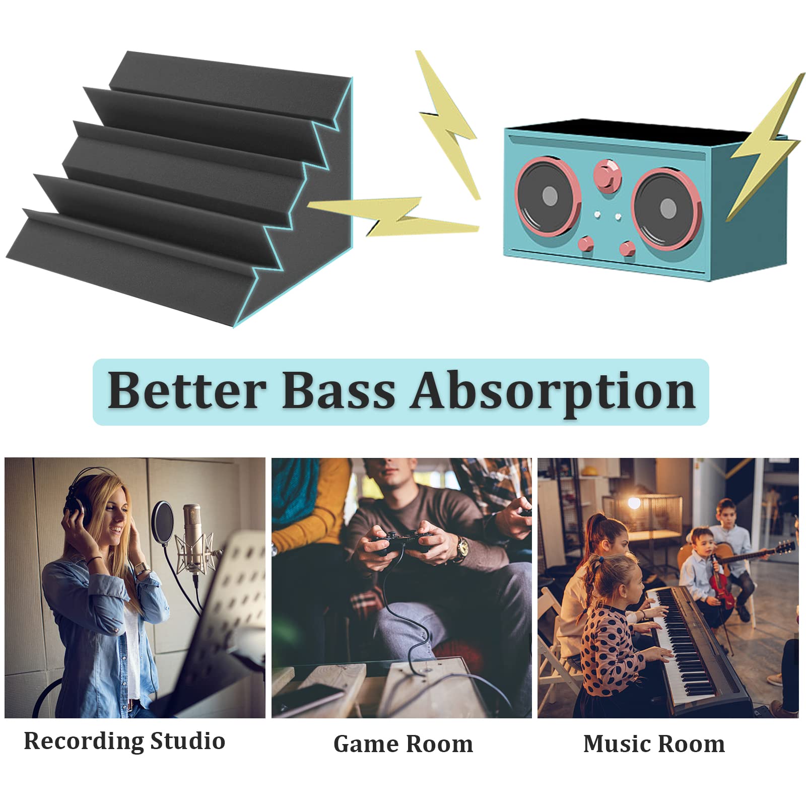 Krightlink Acoustic Foam Bass Trap Studio Foam 4 Pack 12" X 7" X 7" Sound Absorbing Foam, Corner Block Finish High Density Sound Panels Insulation for Studios Home