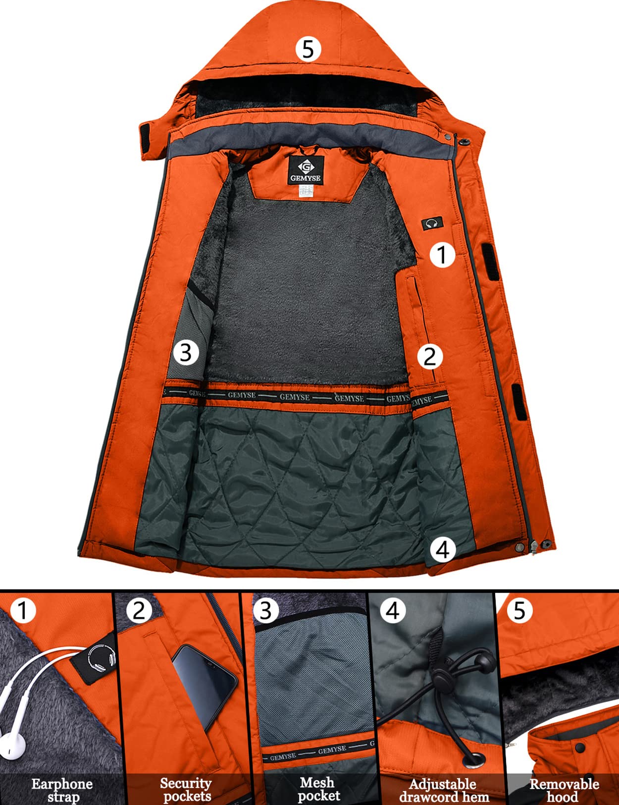 GEMYSE Men's Mountain Waterproof Ski Snow Jacket Winter Windproof Rain Jacket (Orange,Medium)