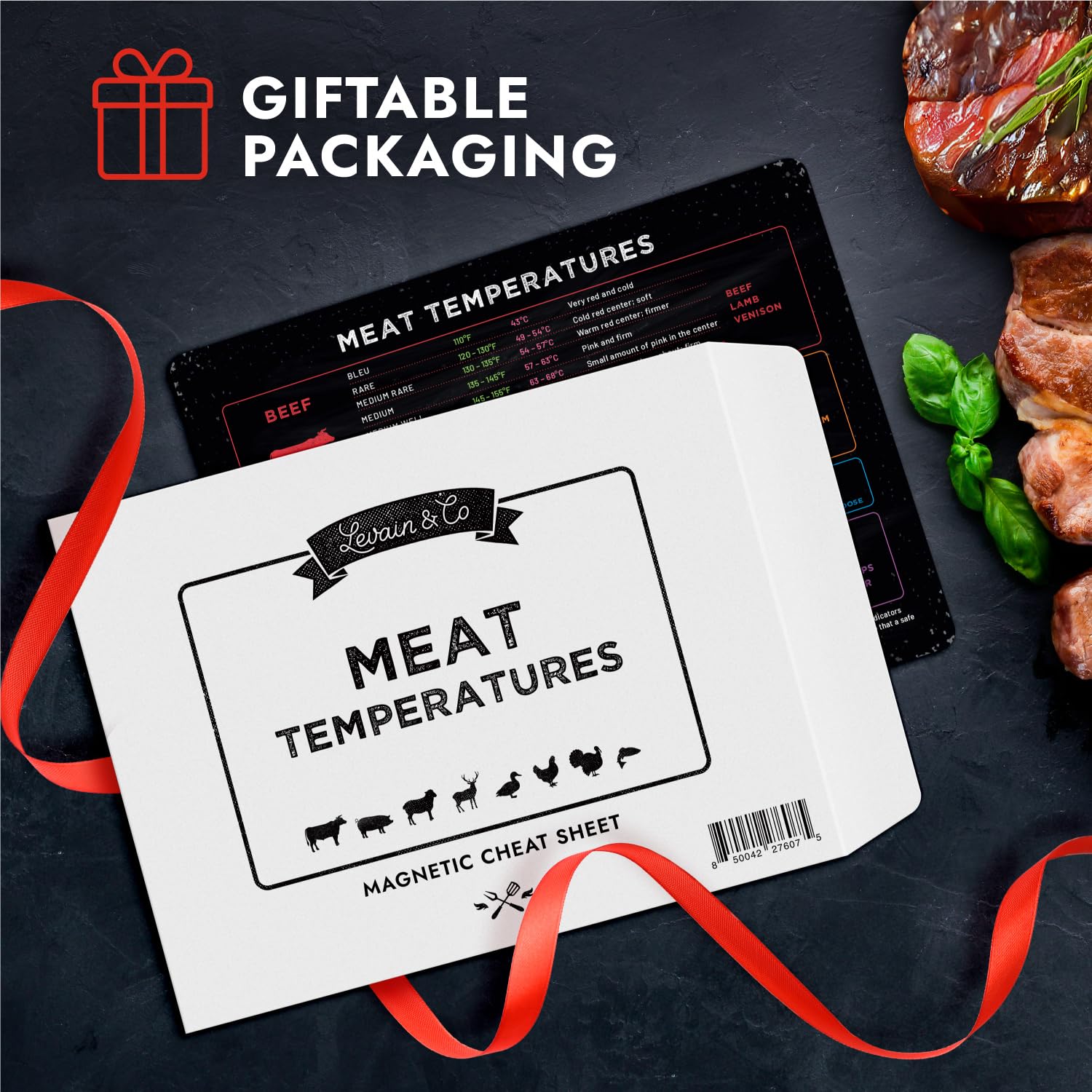 Levain & Co Meat Temperature Magnet - Beef, Poultry, Fish & Pork Cooking Temperature Chart - Horizontal Meat Temperature Chart - Meat Temp Magnet Kitchen Tools Cooking Gadgets - Fridge Accessories