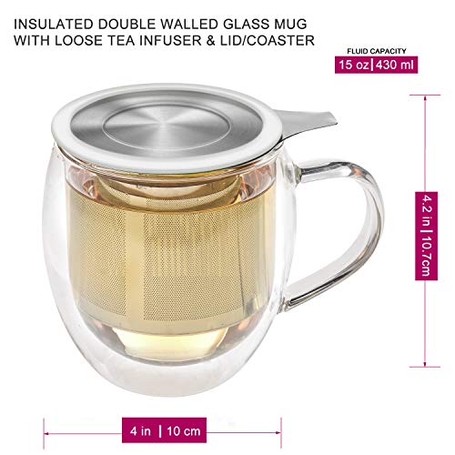 Teabloom Double-Wall Heatproof Glass Mug with Stainless Steel Infuser and White Lid β 15 OZ / 430 ML β 2 Blooming Teas Included
