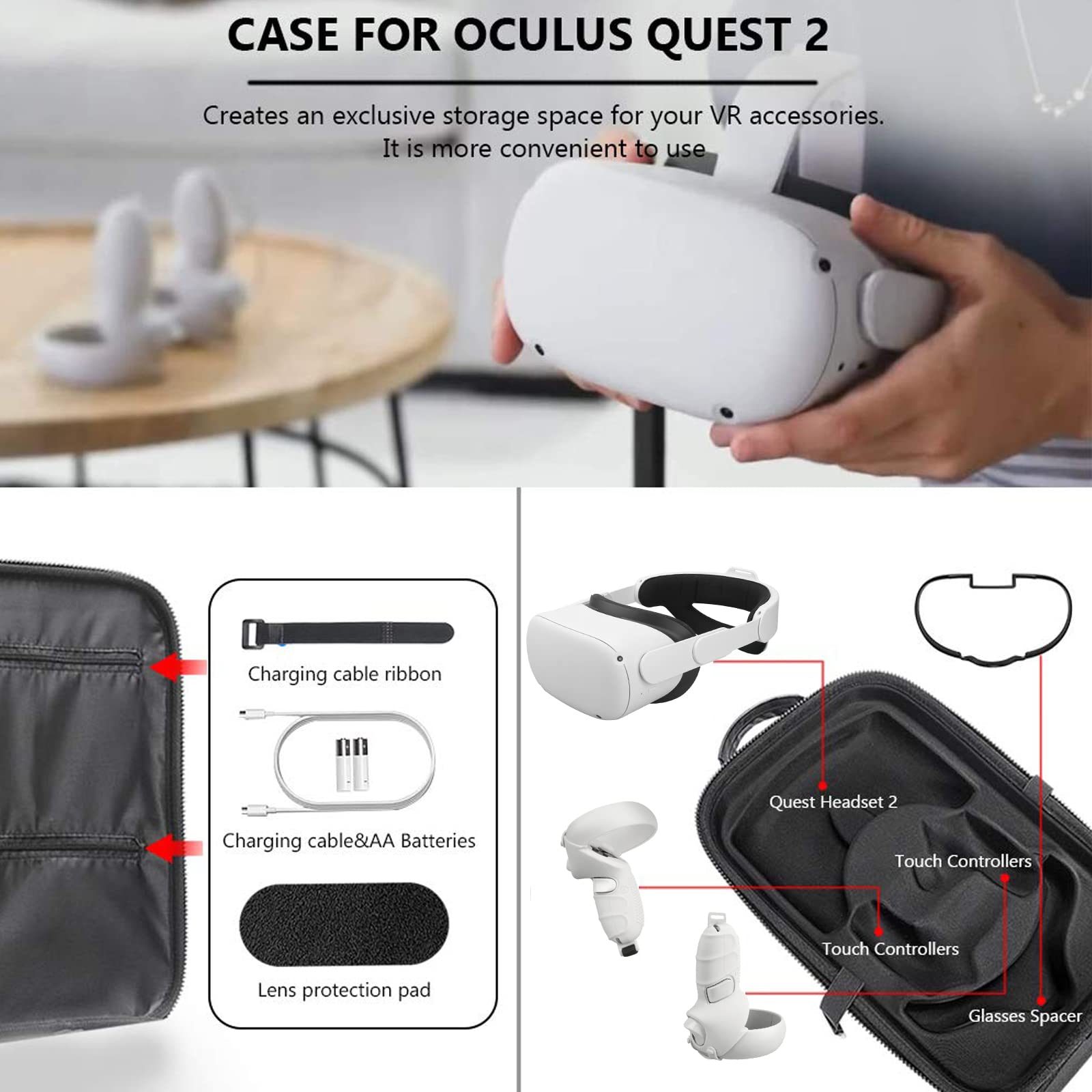 Esimen Fashion Travel Case for Oculus Quest 2, Quest 1, Elite Strap Grip Link Cable Accessories Carrying Case (Black)