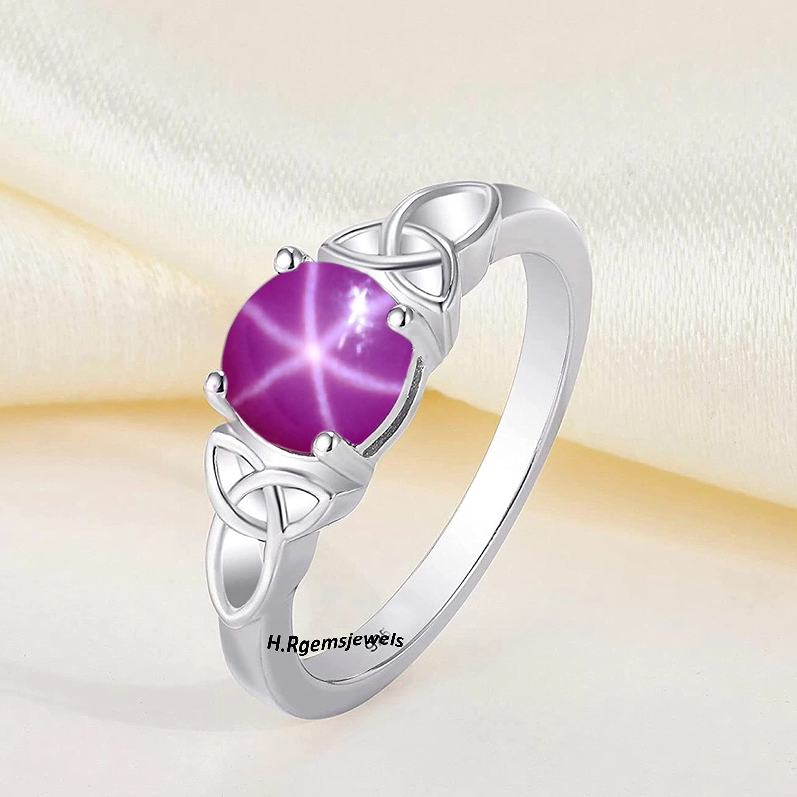 HRG Pink Star Sapphire Ring 6mm Round Cabochon Ring Wedding Ring Ring 925 Sterling Silver Ring (Sterling Silver, 8)
