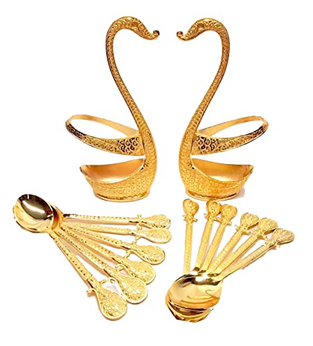 German Gold Plated 1 PC S Swan Duck With 6 Pcs Tea Spoon Set For Home And Kitchen Decorative Swan Base Holder Spoons for Coffee, Fruit,Dessert,Stirring, Mixing Sugar, By ORNATE INTERNATIONAL.