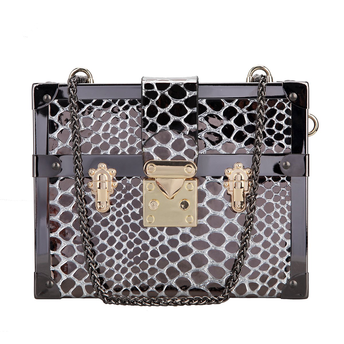 Fawziya Evening Clutch Snakeskin Thick Chain Oversized Novelty Purses For Women Formal-Black