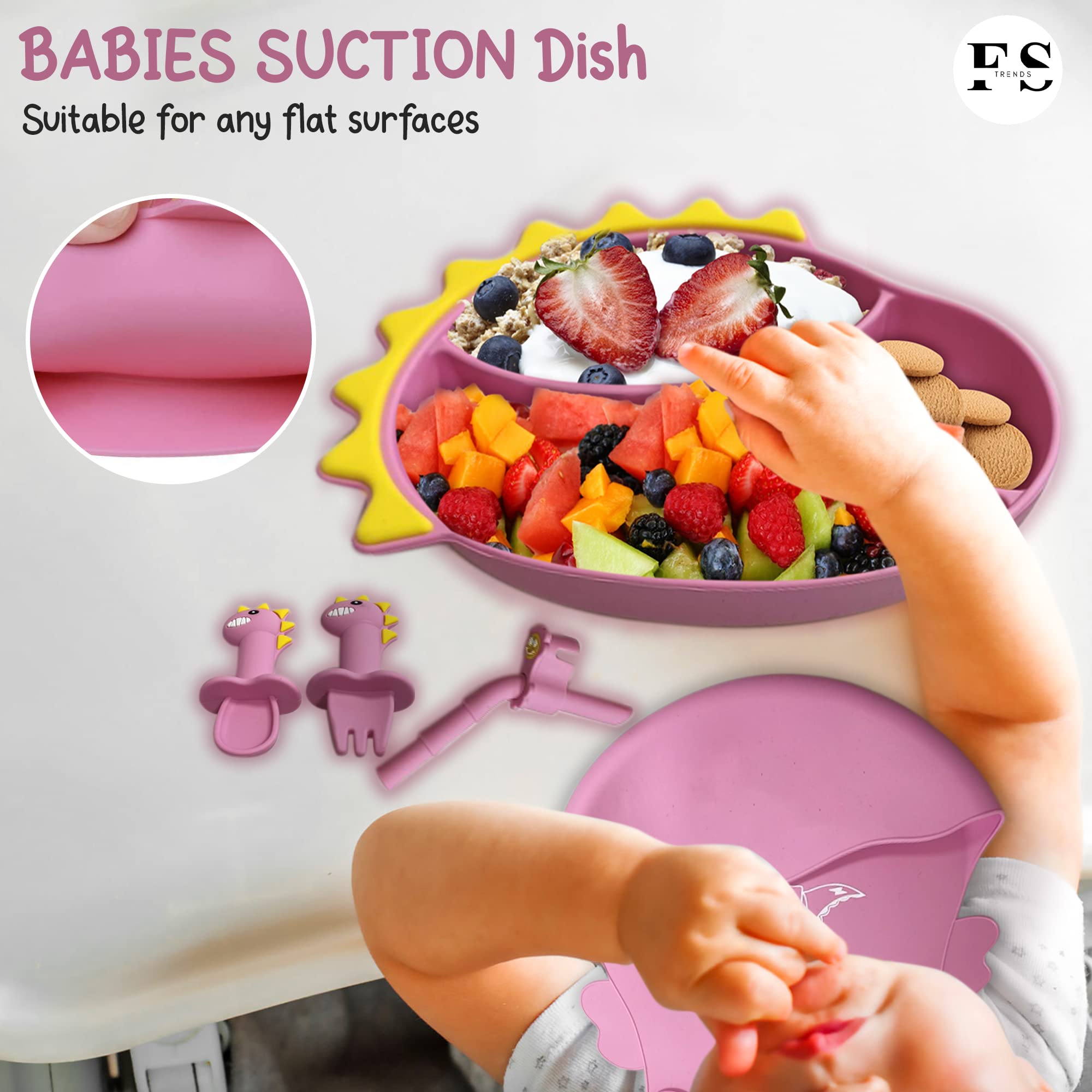 FS TRENDS Dinosaur Silicone Baby Feeding Set, 1pc Split Suction Plate, 1pc Adjustable Bib, 1pc Spoon, 1pc Fork, 1pc Straw, Baby Guided Weaning Supplies Automatic Feeding Tools – Green
