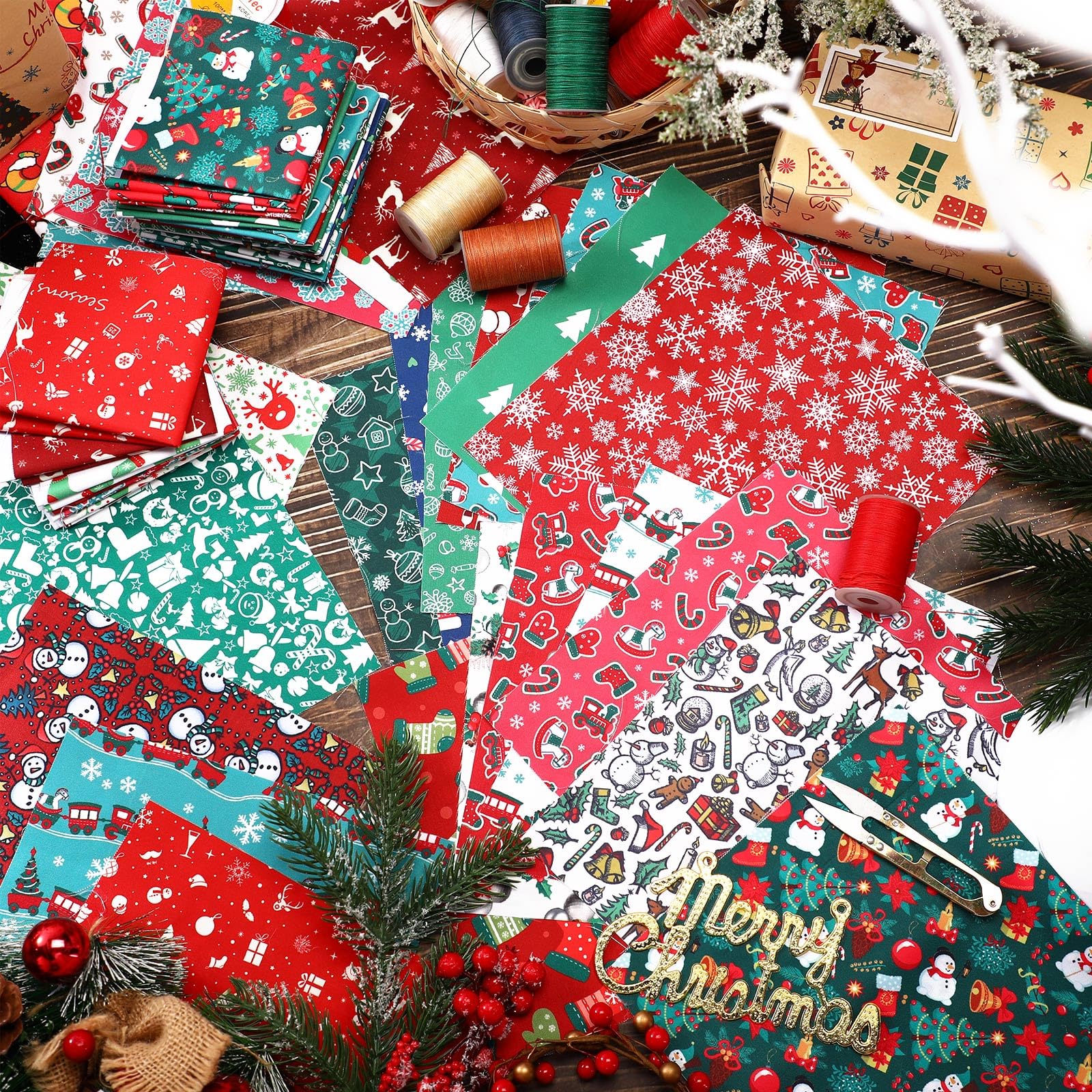Preboun 50 Pcs 8 x 8 Inches/ 20 x 20 cm Christmas Fabric Squares Christmas Fabric 25 Different Patterns Fabric Scraps Quilting Craft Fabric Patchwork Fabric Bundles for Sewing Crafting DIY Supplies