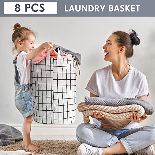 Nuogo 8 Pieces Freestanding Laundry Basket Round Collapsible Organizer Basket Cotton Linen Washable Laundry Hamper Waterproof Laundry Room Organization Large Storage Bins for Kids Toy Room Nursery