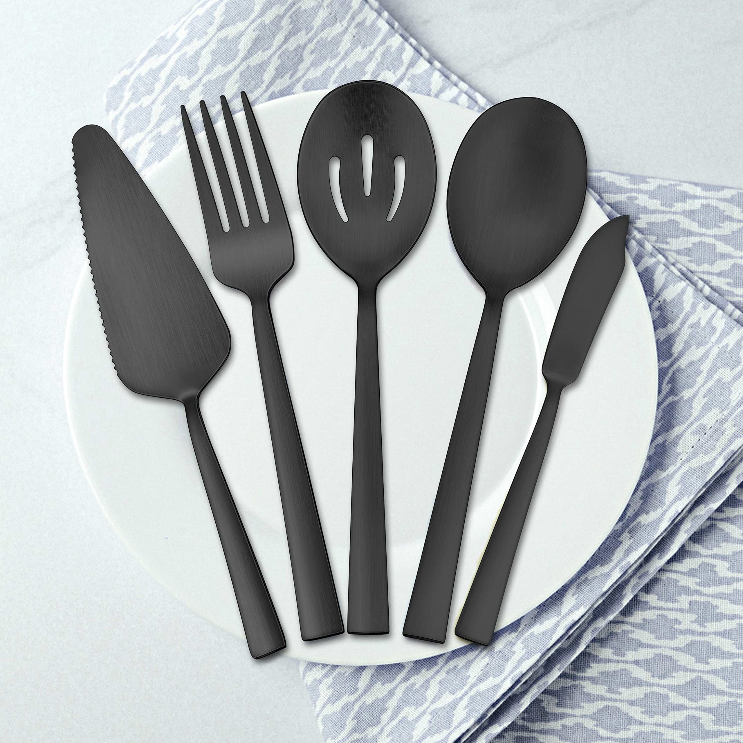 Herogo 53-Piece Matte Black Flatware Set with Steak Knives & Serving Utensils, Stainless Steel Square Silverware Cutlery Set for 8, Unique Tableware Eating Utensils Set, Satin Finish, Dishwasher Safe