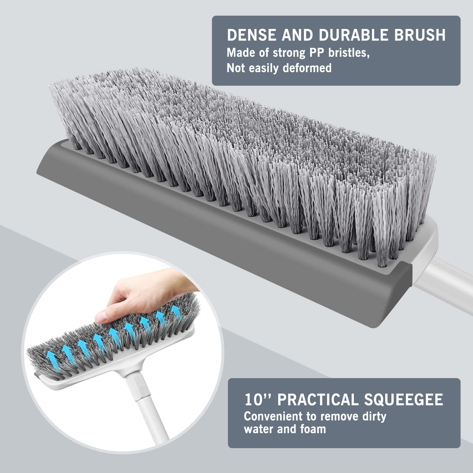 Floor Scrub Brush with Squeegee, Floor Brush Scrubber with 55'' Firm Long Handle, Shower Cleaning Brush for Bathroom, Patio, Kitchen, Wall and Deck