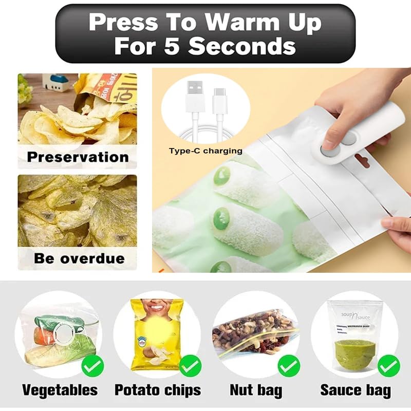 Mini Bag Sealer 2 Pack Bag Sealer with Cutter and Magnet 2 in 1 Mini Bag Resealer Machine Portable Handheld Rechargeable Heat Vacuum Food Sealer for Plastic Bags Snacks & Food Storage (2, white&blue)