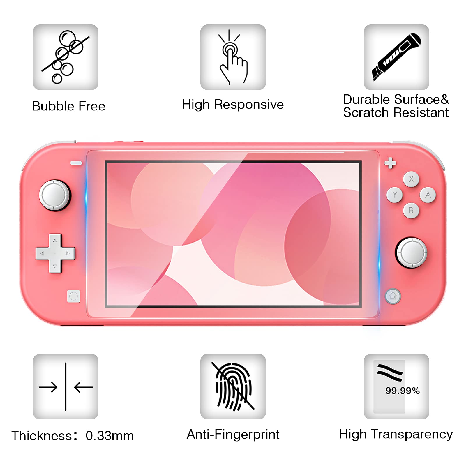HEYSTOP Switch Lite Case Cover, Switch Lite Protective Case with Game Card Storage, Tempered Glass Screen Protector and Thumb Grip, Switch Lite Grip Case Anti-Scratch Non-Slip Case, Pink