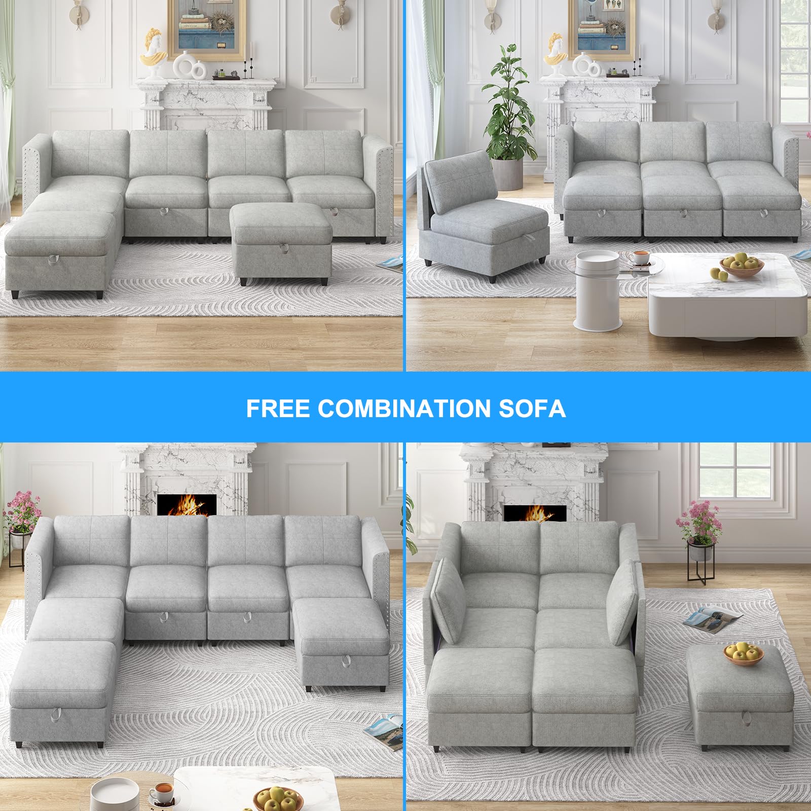 PUREMIND 110" U Shaped Sectional Couch, Modular Convertible Sectional Sofa with Storage, 7 Seat Sofa Couches for Living Room, Light Grey