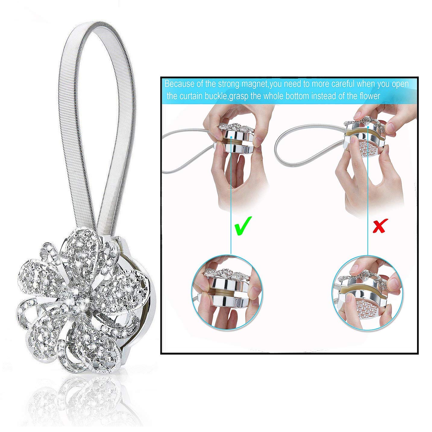 FlyCloud 2pcs Magnetic Curtain Tiebacks Crystal Tie Backs Buckle Clips Hook Silver Magnetic Crystal Curtain Tiebacks Tie Backs Buckle Clips Holdbacks for Home Office Decoration