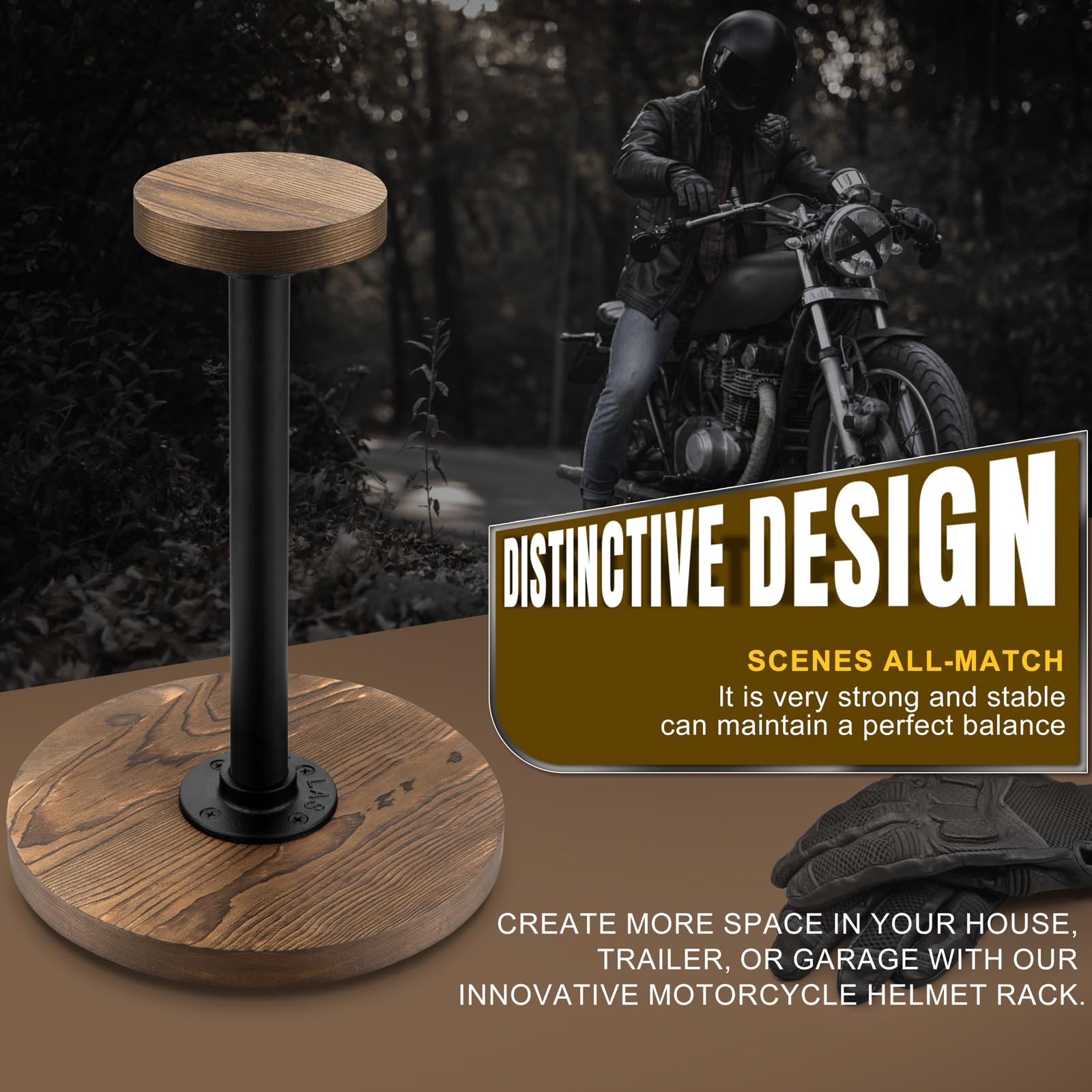 motofans® Industrial Style Helmet Stand, Rustic Burnt Solid Wood and Black Metal Pipe Cap and Wig Display Stand(1pcs)
