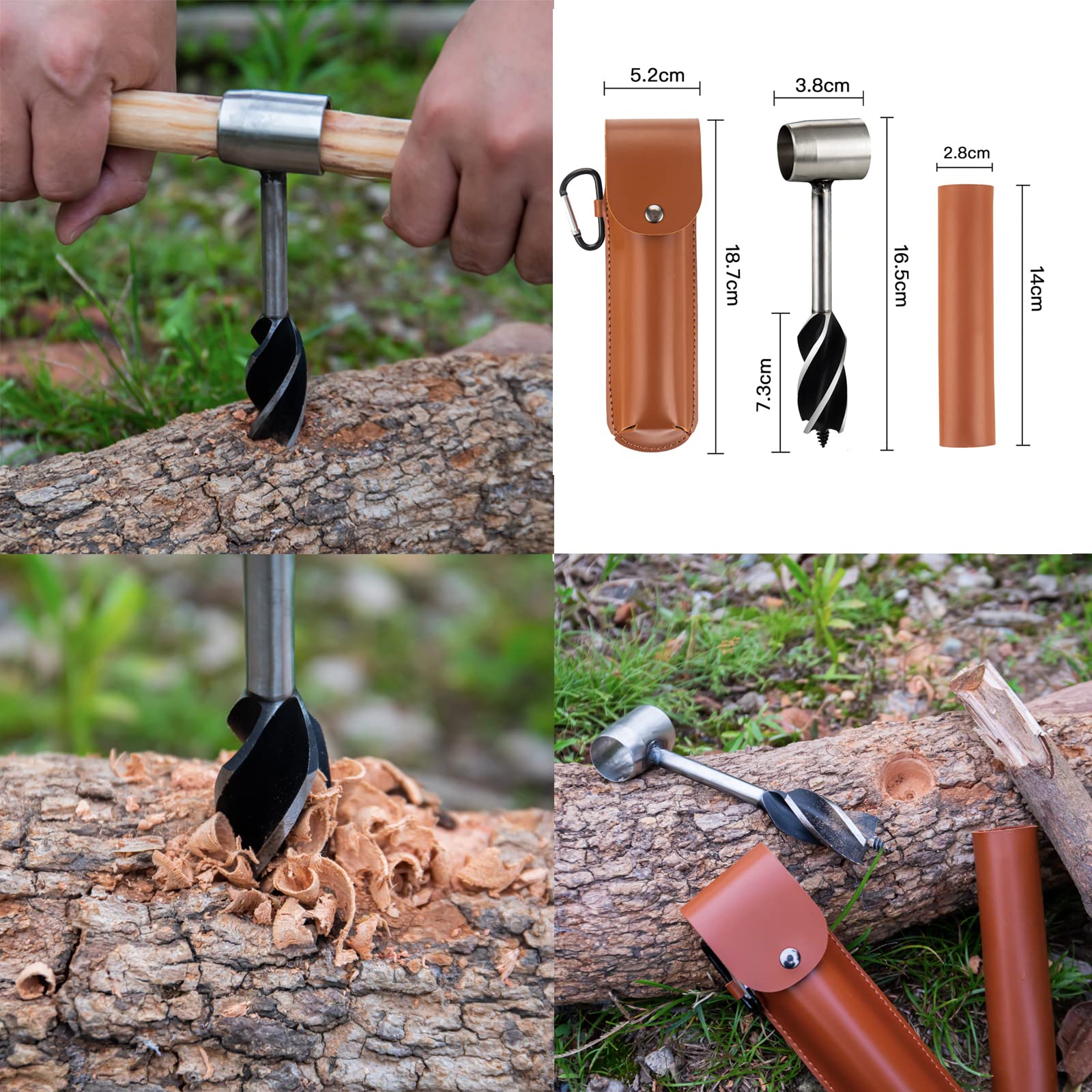 Survival Settlers Tool Hand Bushcraft Auger Drill, Manual Auger Wrench Scotch Eye Wood Drill Bit Outdoor Wood Peg and Hole Maker for Bushcrafting, Survival Wilderness Camping (Brown)
