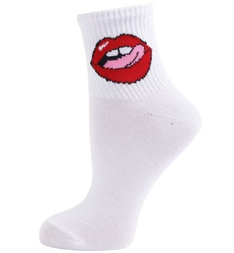 ESOMOON 5 pairs Socks with Lips Mid Calf White Cotton Socks High Ankle Lightweight Breathable Red Kiss Socks Size 6-9