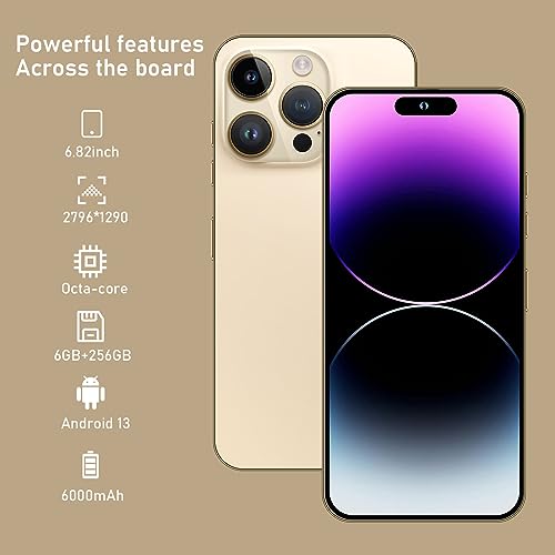 WV LeisureMaster A14pro Max Unlocked Phone, 6+256GB Android 13.0 Smartphone, 6.82-inch HD Screen, Dual SIM, Dual Standby, 6000 mAh Battery, 64MP Camera, 2796 * 1290 Resolution 5g Phone(Gold)