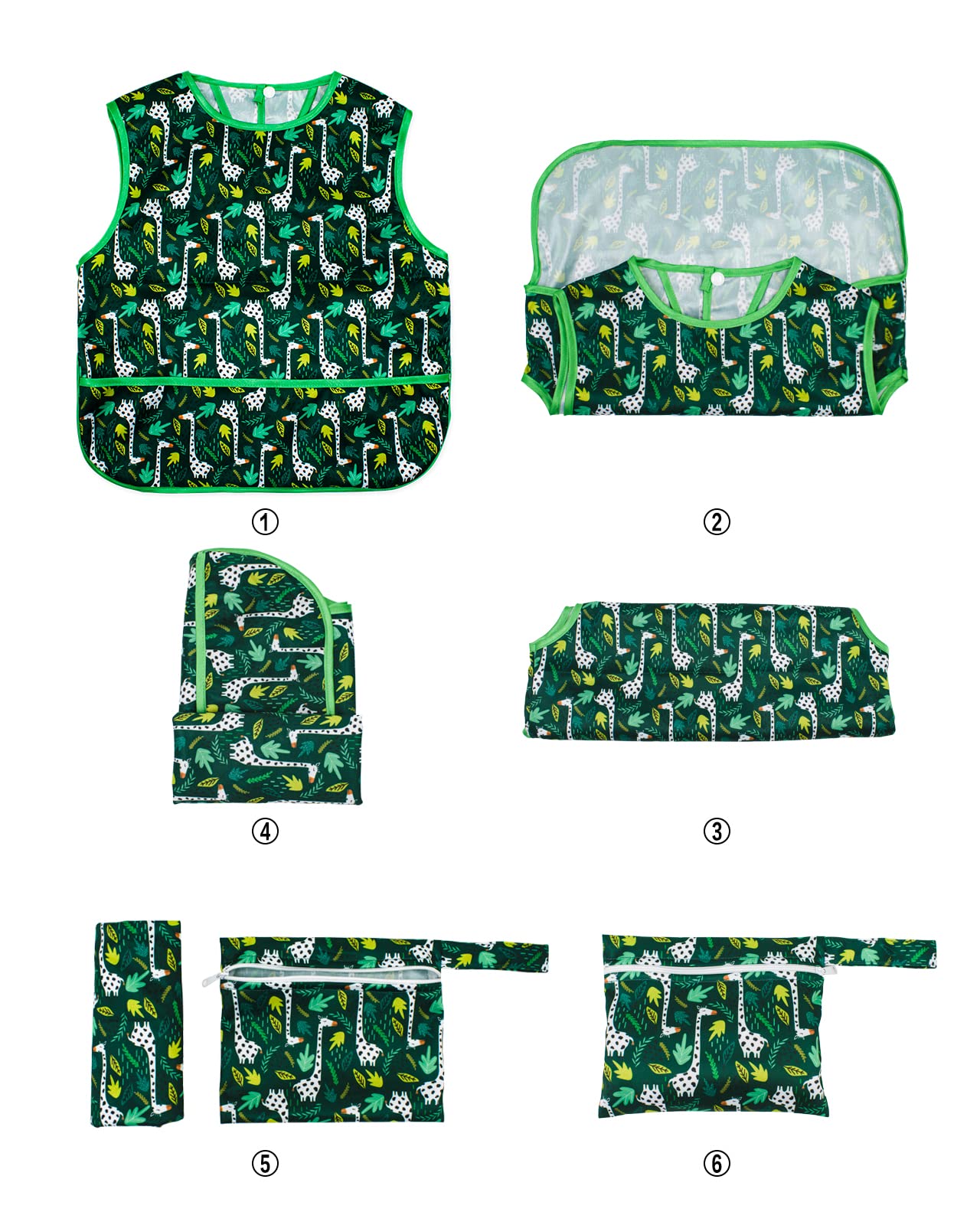 Mumsbest Waterproof Bib for Baby, 2 Pack Toddler Feeding Smock Bibs for Eating with Food Catcher & 1 Wet Bag (L：2-4Years, Green)