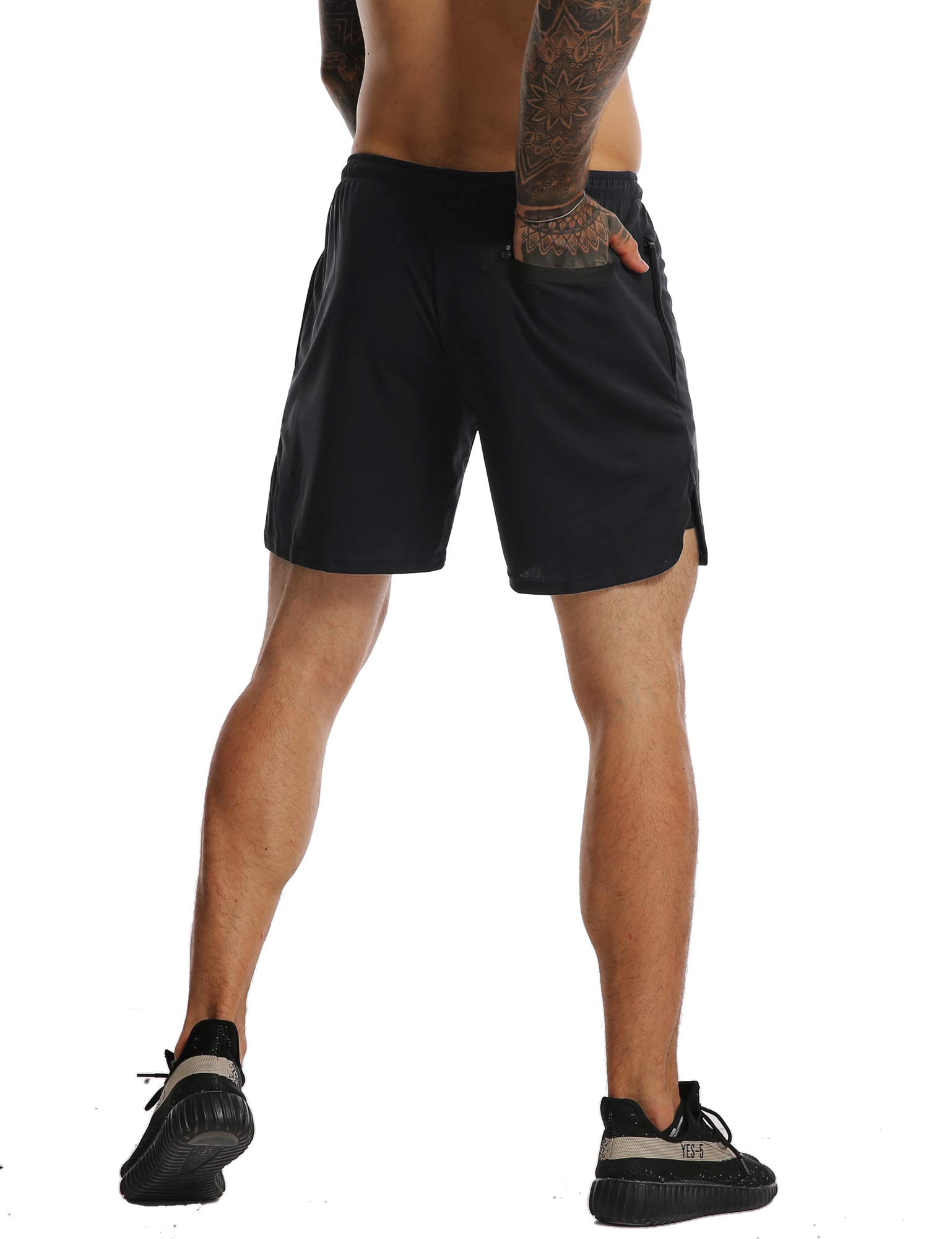 FLYFIREFLY Men's 2-in-1 Workout Running Shorts 7" Lightweight Gym Yoga Training Sport Short Pants Black