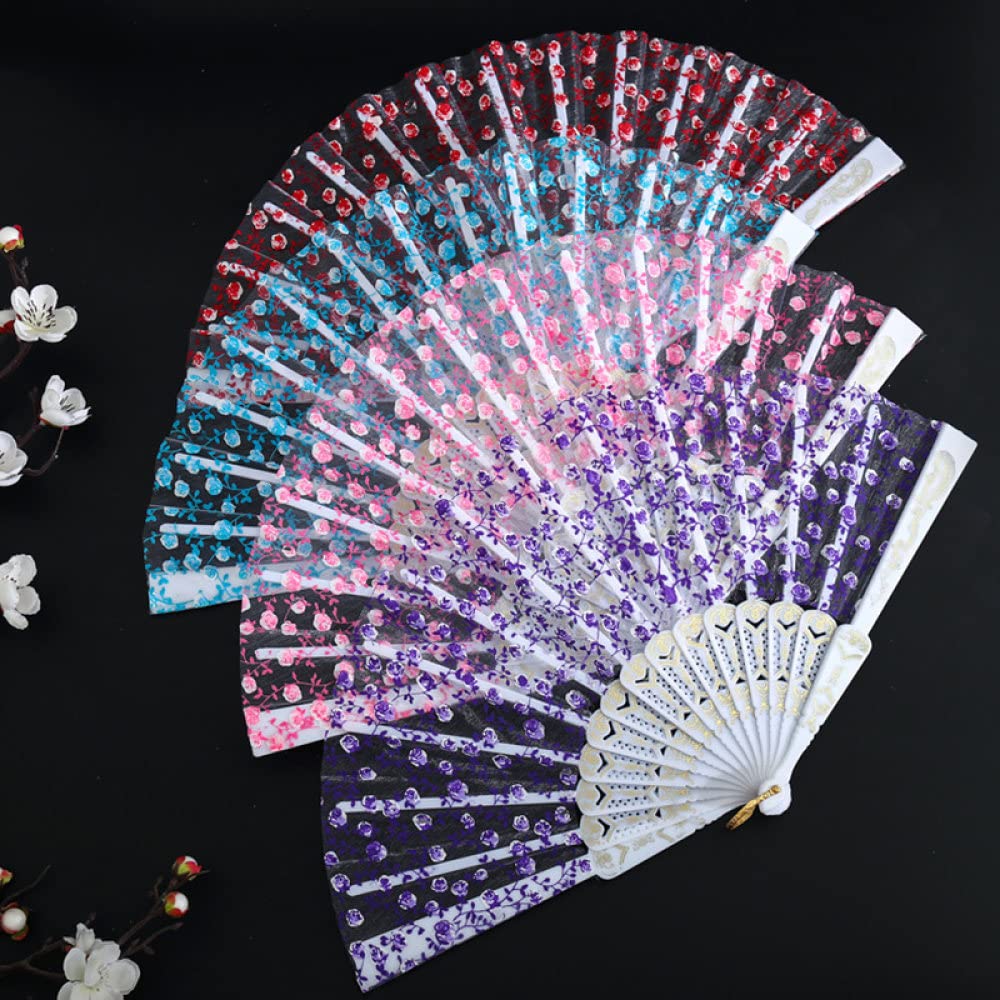Hand Fans for Women Foldable, 4Pc Folding Hand Fan Elegant Floral Silk Fans Exquisite Large Portable Chinese Fan Summer Handmade Home Decorative Folding Fans for Dance Wedding