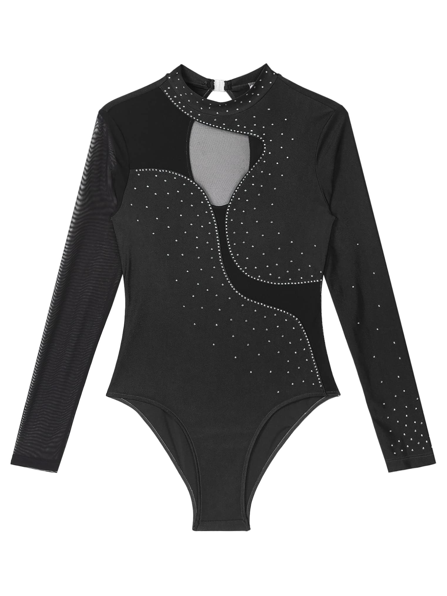 Freebily Womens Sheer Mesh Long Sleeve Bodysuit Sequined Mock Neck Tassel Leotards Dancewear Black XX-Large