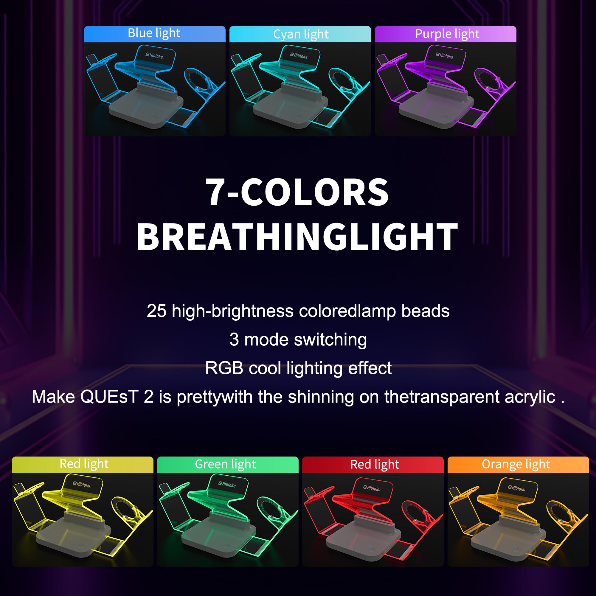 Hibloks Magnetic Charging Station with LED Light for Oculus Quest 2,Oculus Quest 2 Accessories LED Acrylic Station