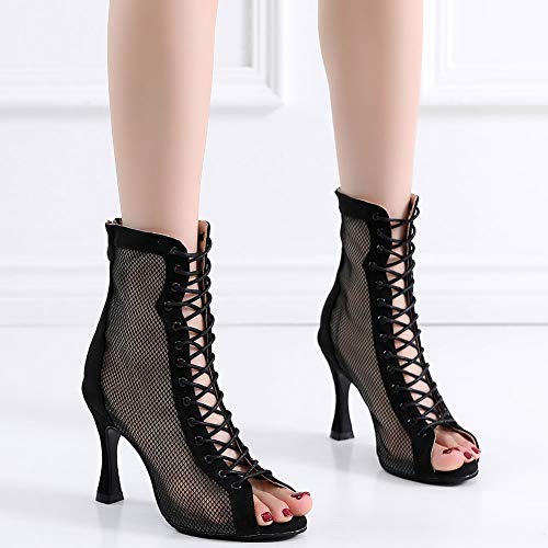HROYL Open Toe Dance Boots Women Latin Salsa Ballroom Lace-up Ankle Dance Shoes,QJW7179-Black-8.3,US8