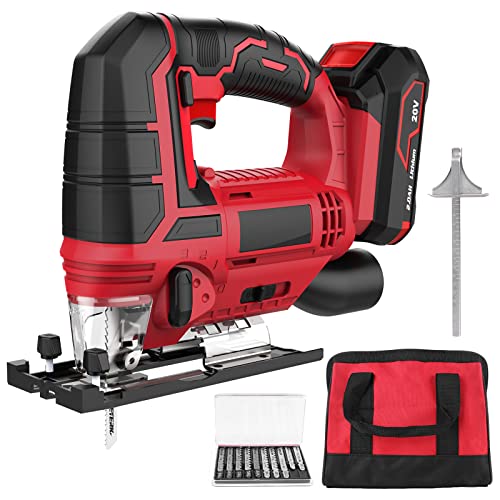 Jigsaw, 20V Cordless Jig Saws with LED, 10Pcs Blades, 4 Orbital Settings, Variable Speed, ±45° Bevel Cutting, Scale Ruler, Tool-free Blade Changing, Battery & Carrying Bag & Fast Charger Included(A)