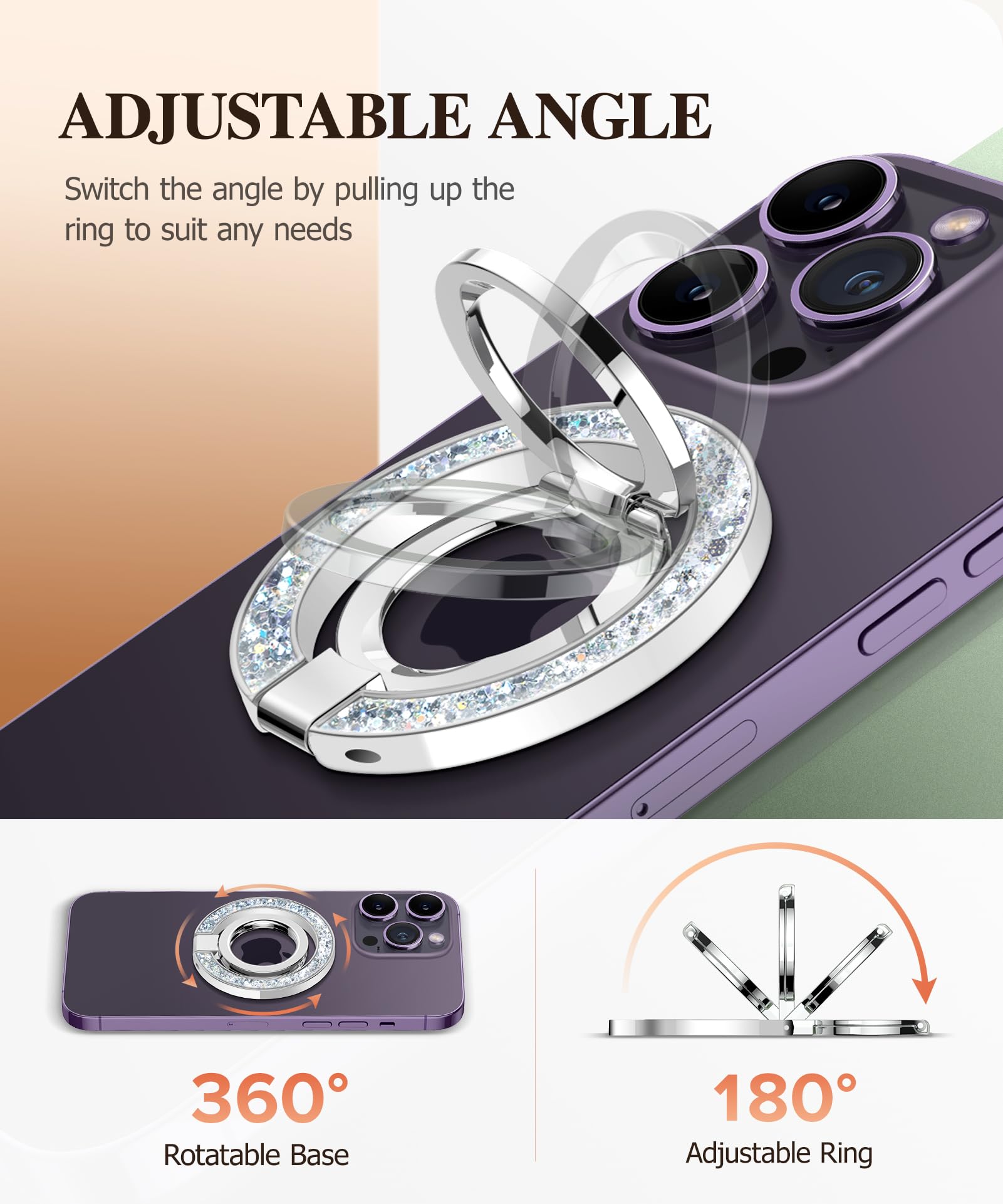 GVIEWIN Bundle - Compatible with iPhone 13 Case (Magnolia/White) + Magnetic Phone Ring Holder (Glitter/Silver)