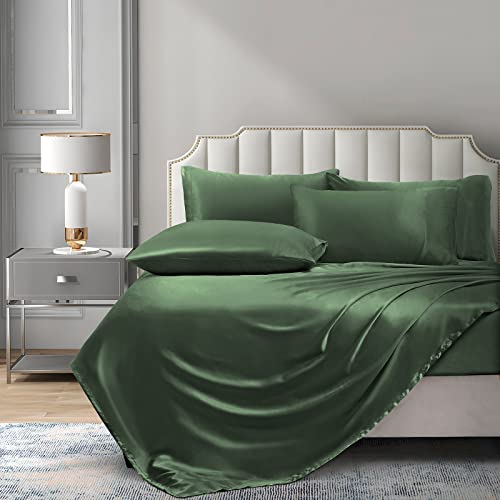 P Pothuiny 6-Piece Queen Satin Sheets Luxury Woodland Green Satin Bedding Sheet Set, 1 Deep Pocket Fitted Sheet + 1 Flat Sheet + 4 Pillow Cases