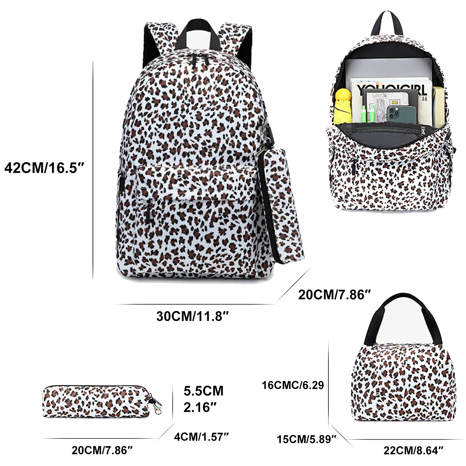 Teen Girls Backpack School Book Bag Set with Lunch Box and Pencil Case for ladies and women… Brown