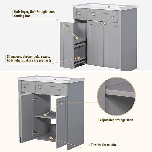P PURLOVE 30" Bathroom Vanity with Single Sink and Soft Close Doors, Modern Bathroom Cabinet with Adjustable Storage Shelf and Drawers, Solid Wood Frame, Grey