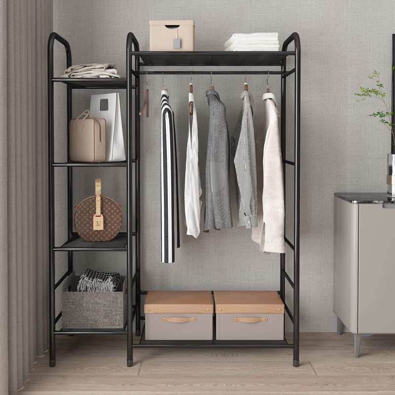 Nyehiret Metal Free-Standing Garment Rack,Storage Organizer for Bedroom Clothes Garment Rack with Shelves,Hanging Rod and Storage Box, Black