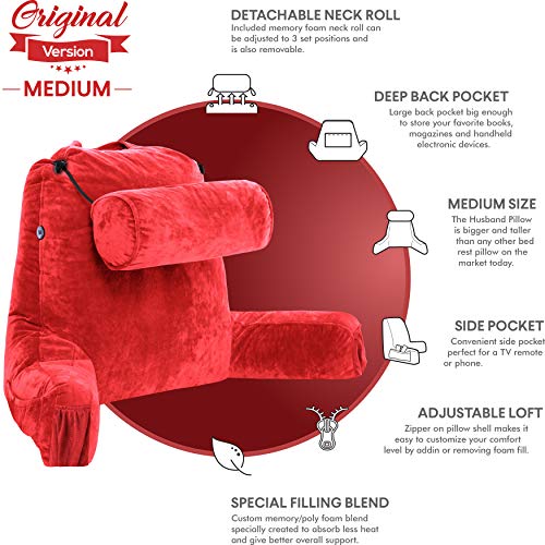 Husband Pillow Combo - Backrest Pillow with Arms : Medium Red & Lap Desk Bed Tray : Pink - Memory Foam Reading Pillows for Bed w/Removable Neck Roll & Laptop Bed Tray Table