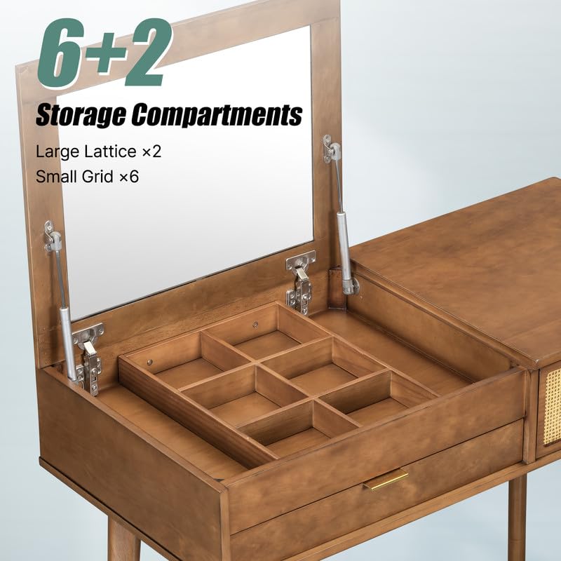 FDSPDO Classic Wood Makeup Vanity Set with Flip-top Mirror and Stool, Dressing Table with Three Drawers and Storage Space, Brown