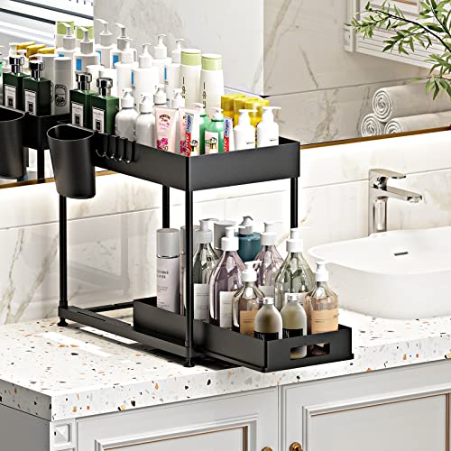 NYYTGE Under Sink Organizer Under Bathroom Cabinet Storage 2 Tier Storage Rack with 4 Hooks, Under Cabinet Organizer Baskets, Multi-purpose Under Sink Shelf Organizer for Bathroom Kitchen