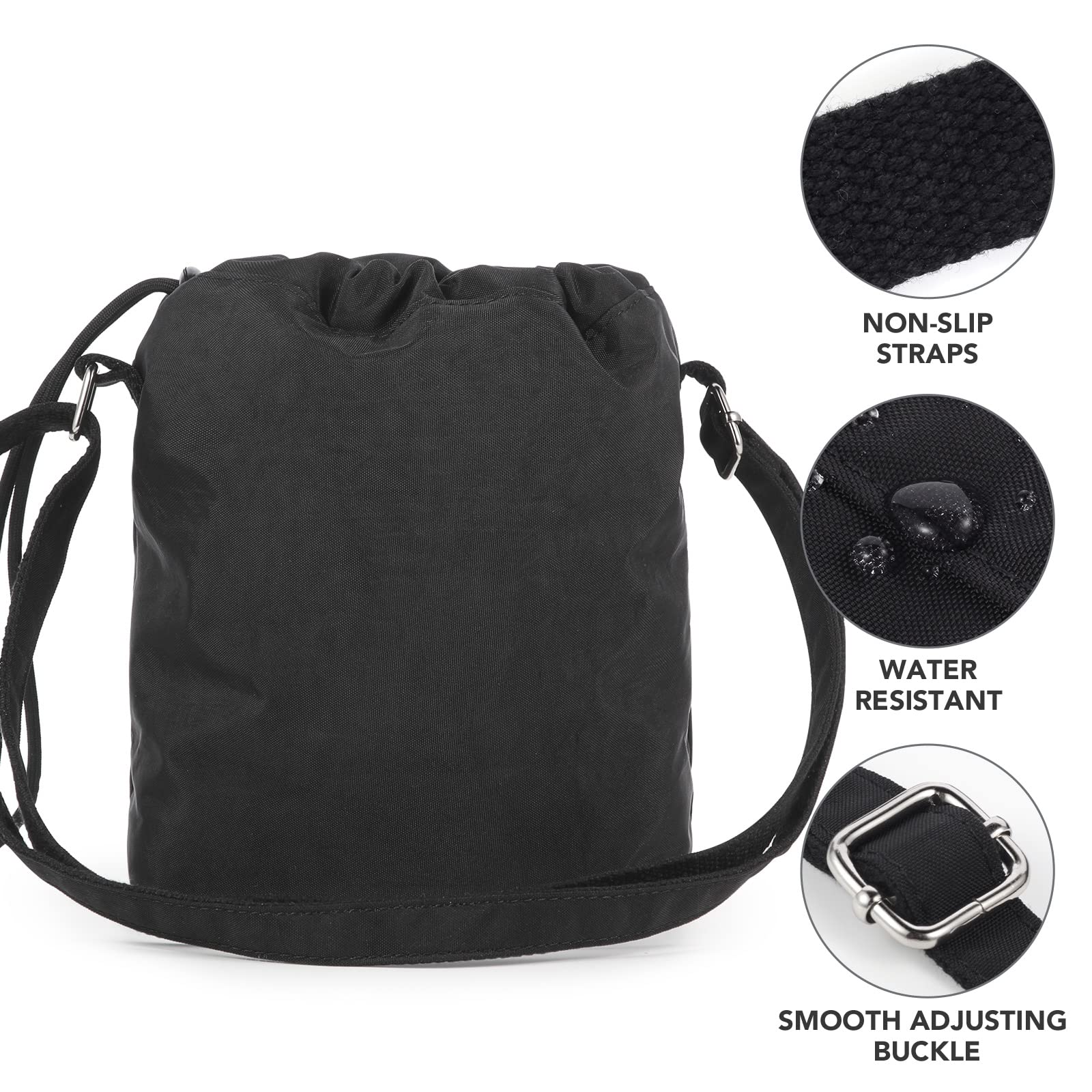 Lily queen Small Drawstring Crossbody Bag for Women Nylon Bucket Purse Lightweight Black