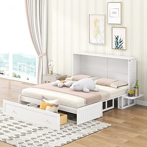NCKMYB Queen Size Murphy Bed Cabinet, Wood Murphy Bed with Drawer Convert into 63'' Wide Cube Cabinet, for Home Office or Small Room