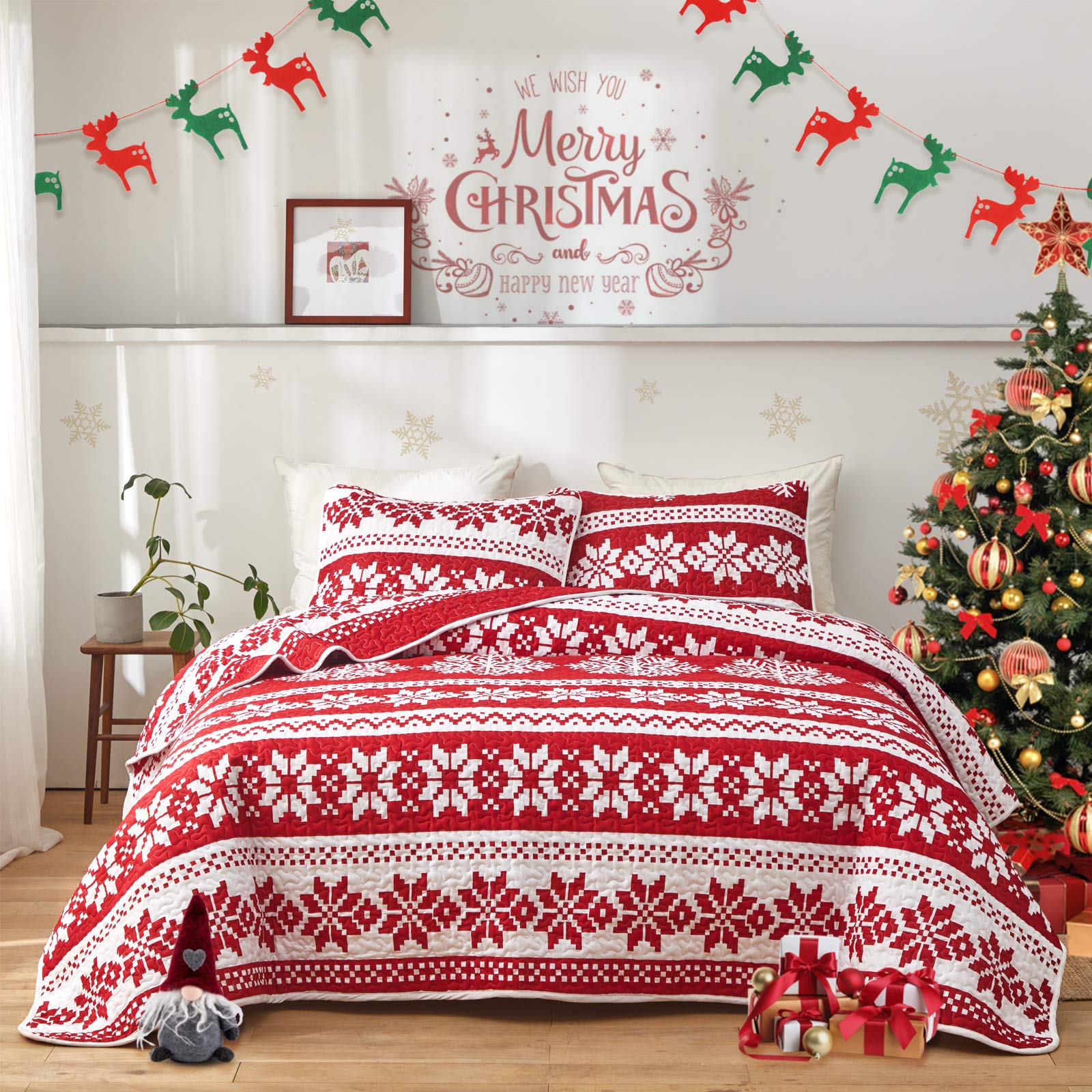 Flysheep Christmas Quilt Set Queen, Soft Microfiber Holiday Lightweight Bedspread Coverlet Bedding Set - Red & White Snowflake Printed