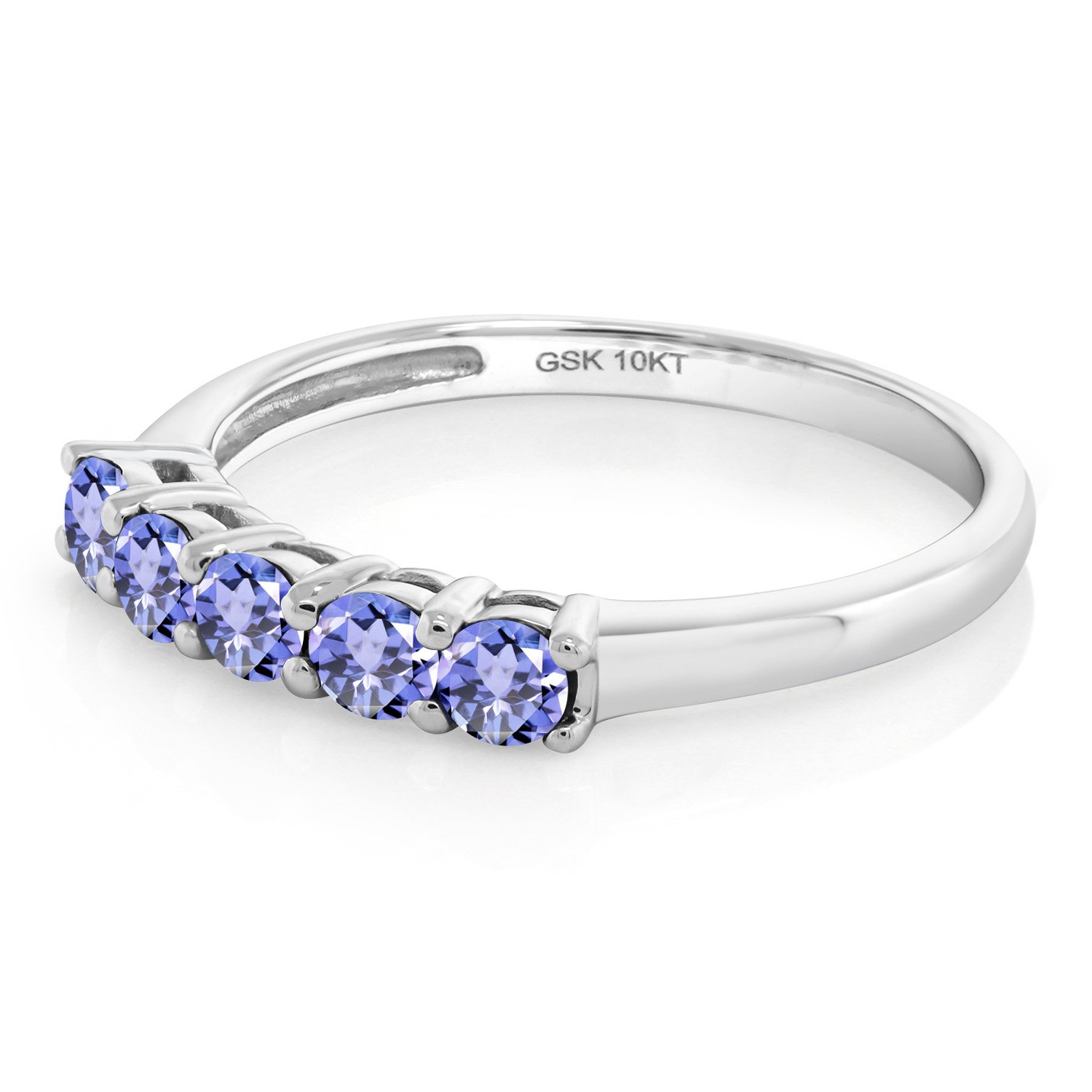 Gem Stone King 10K White Gold Blue Tanzanite 5 Stone Wedding Engagement Anniversary Promise Ring For Women (0.60 Cttw, Round 3MM, Gemstone December Birthstone, Available In Size 5, 6, 7, 8, 9)