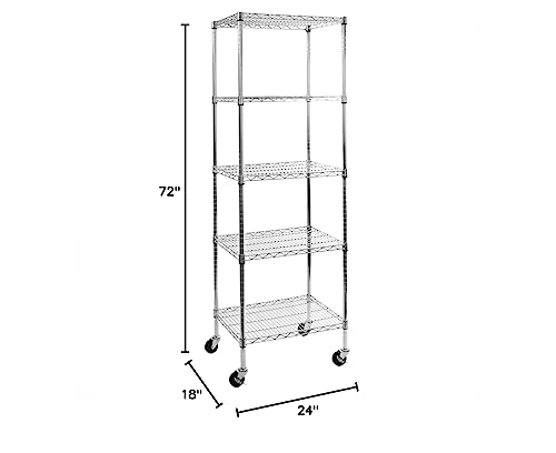 Seville Classics UltraDurable Commercial-Grade 5-Tier NSF-Certified Steel Wire Shelving with Wheels, 24" W x 18" D x 72" H, UltraZinc