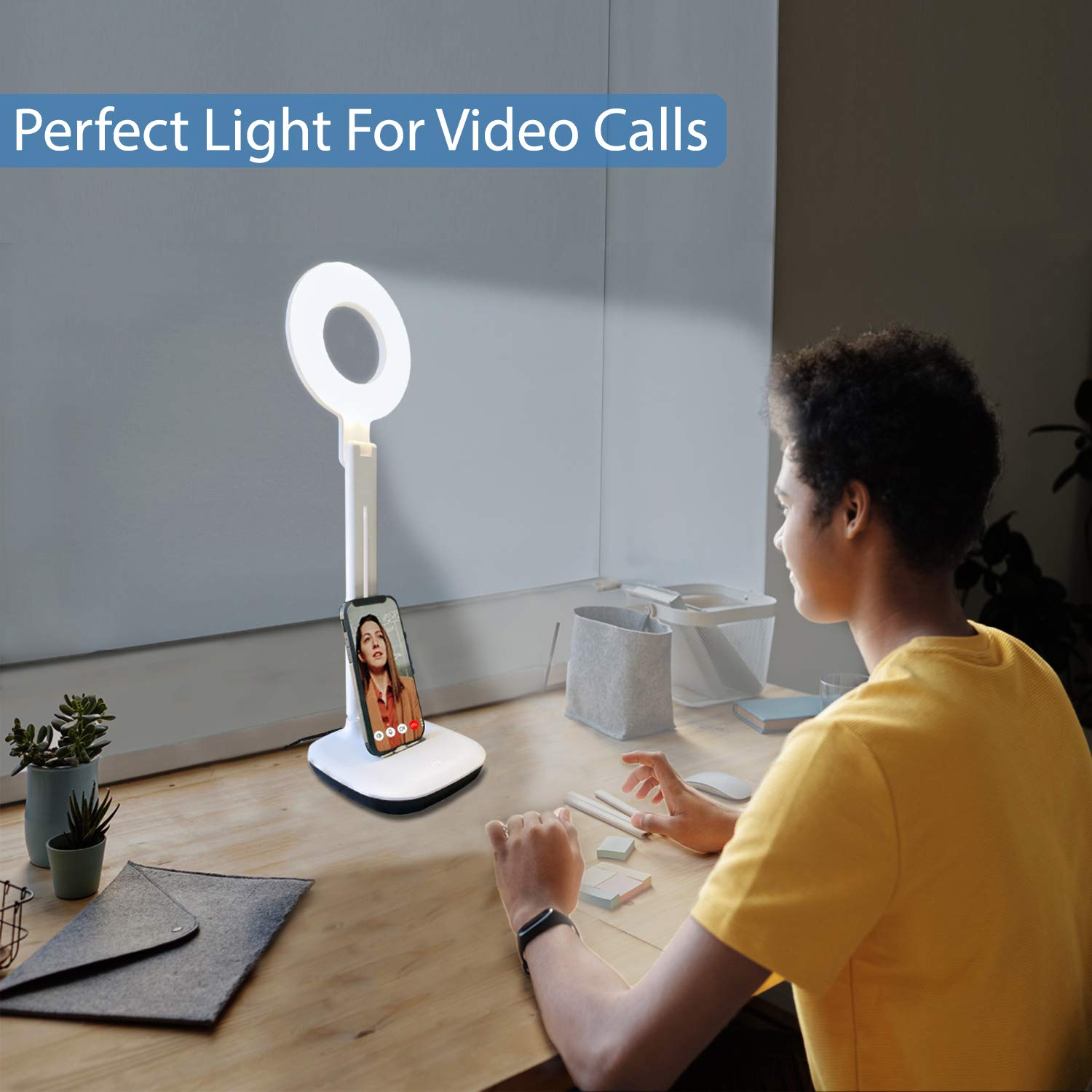 Fugetek LED Round Desk Table Lamp, Eye-Caring Dimmable, 54 Recessed LEDs, One Touch Sensor Panel, 3 Lighting Modes, Adjustable Angles, for Office, Home, Dorm, White