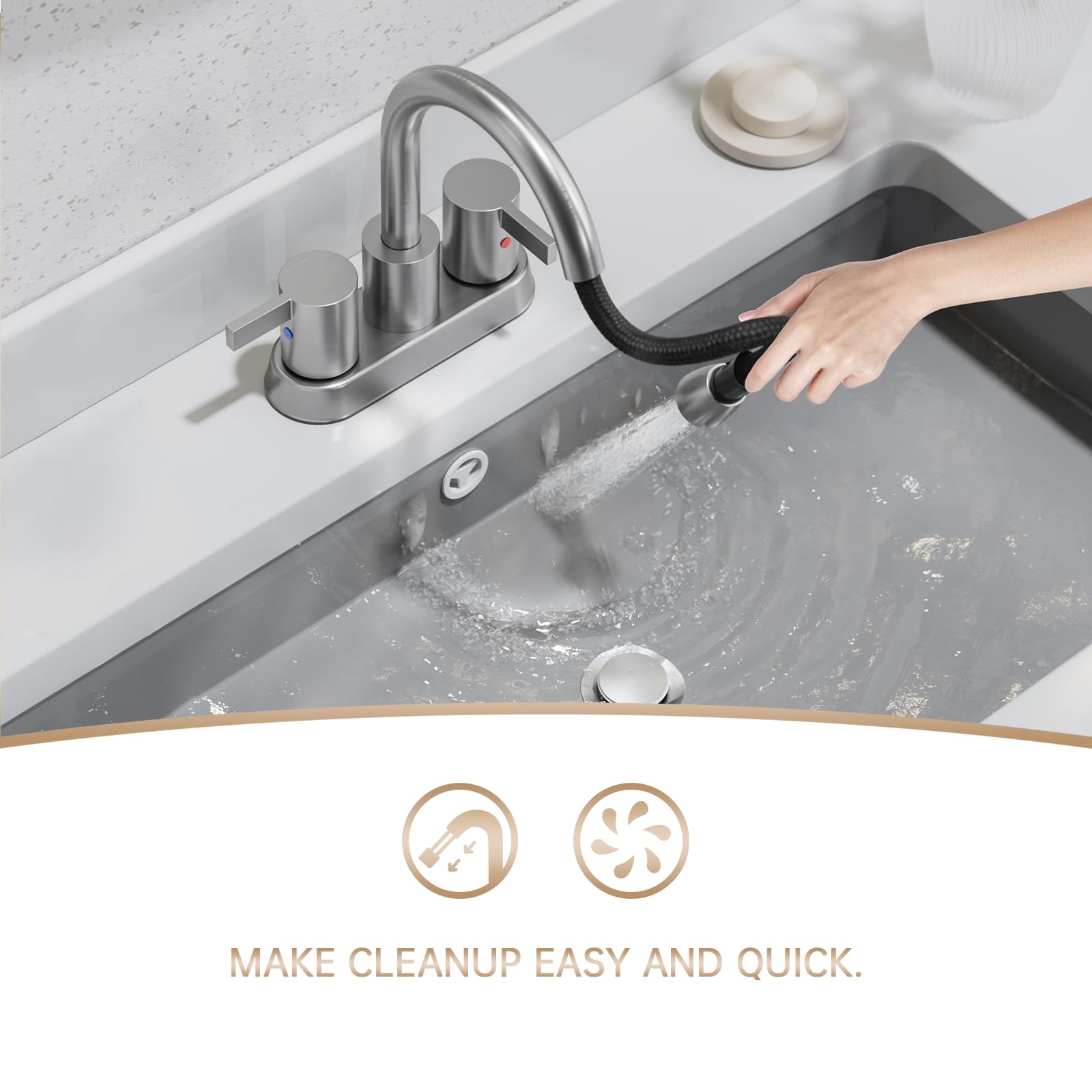 Phiestina Pull Down Sprayer Brushed Nickel Bathroom Faucet, 4 Inch 3 Hole Centerset Pull Out Bathroom Sink Faucet,with 360 Swivel Spout, Metal Pop-Up Drain & cUPC Water Supply Lines, BF04011-K01-GBN