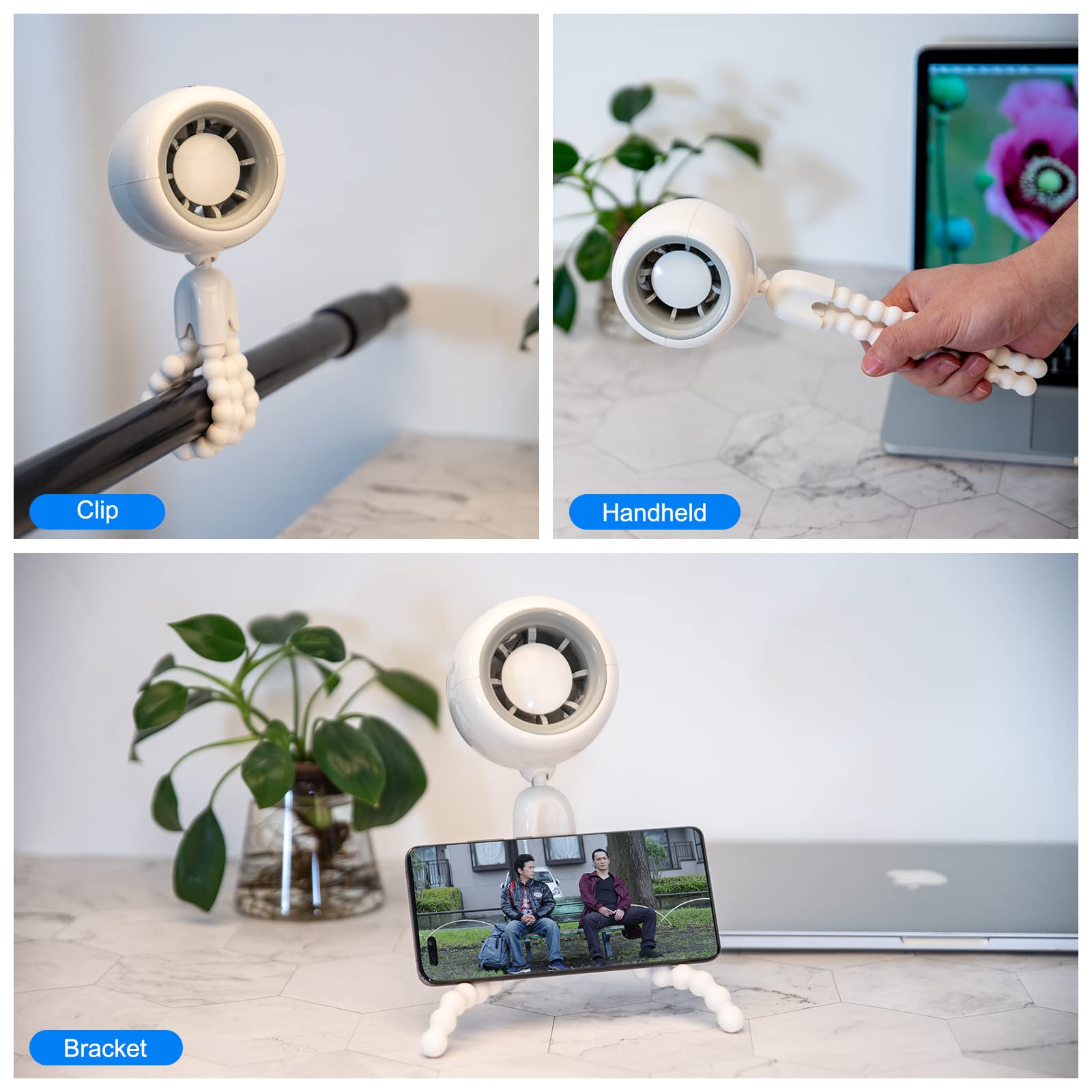 SWTOIPIG Stroller Fan, Portable Bladeless Fan, Mini Handheld Fan with Tripod, Clip on Fan, 3 Speeds Rechargeable Operated Fan for Stroller, Car Seat, Crib, Phone Holder and Desktop