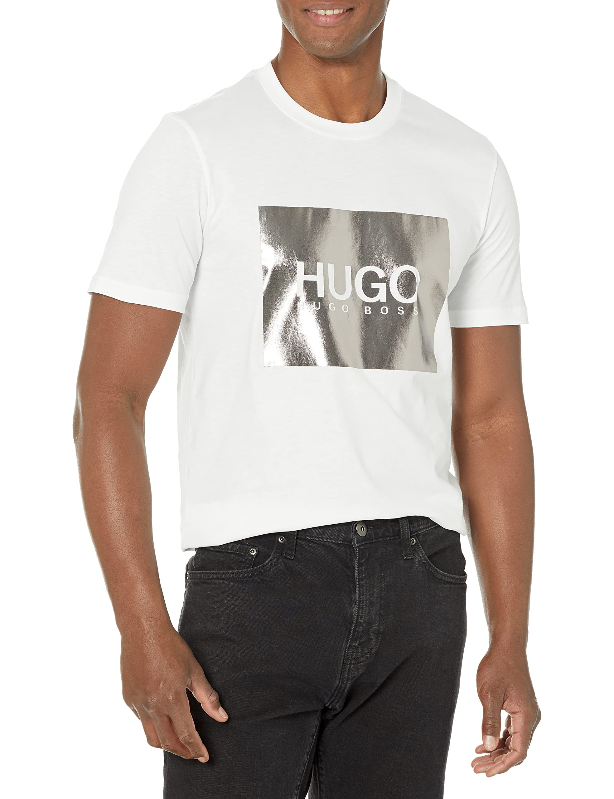HUGO Boss Mens Dolive Crew Neck Logo Box Jersey T-Shirt T Shirt, White Chalk, Large US