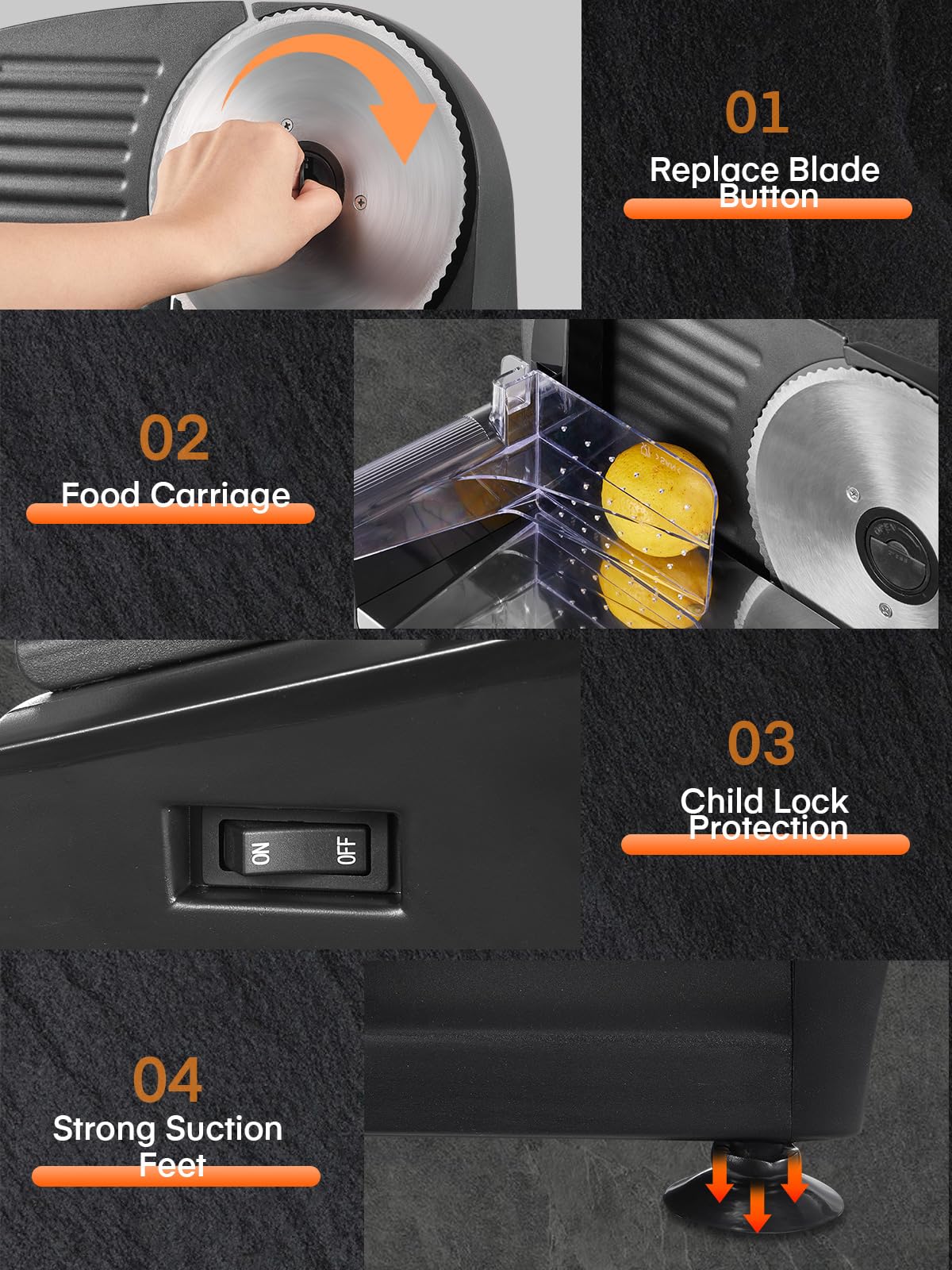 FOHERE Meat Slicer 200W Electric Deli Food Slicer with Two Removable 7.5’’ Stainless Steel Blade, Adjustable Thickness for Home Use, Child Lock Protection, Black