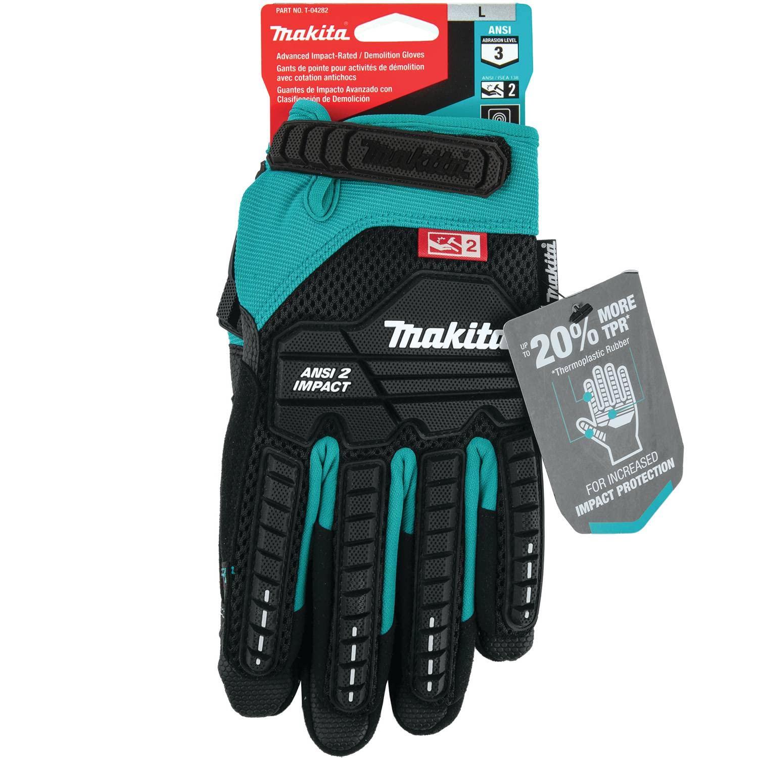 Makita Unisex Impact-rated T 04282 Advanced ANSI 2 Impact Rated Demolition Gloves Large, Teal/Black, Large US