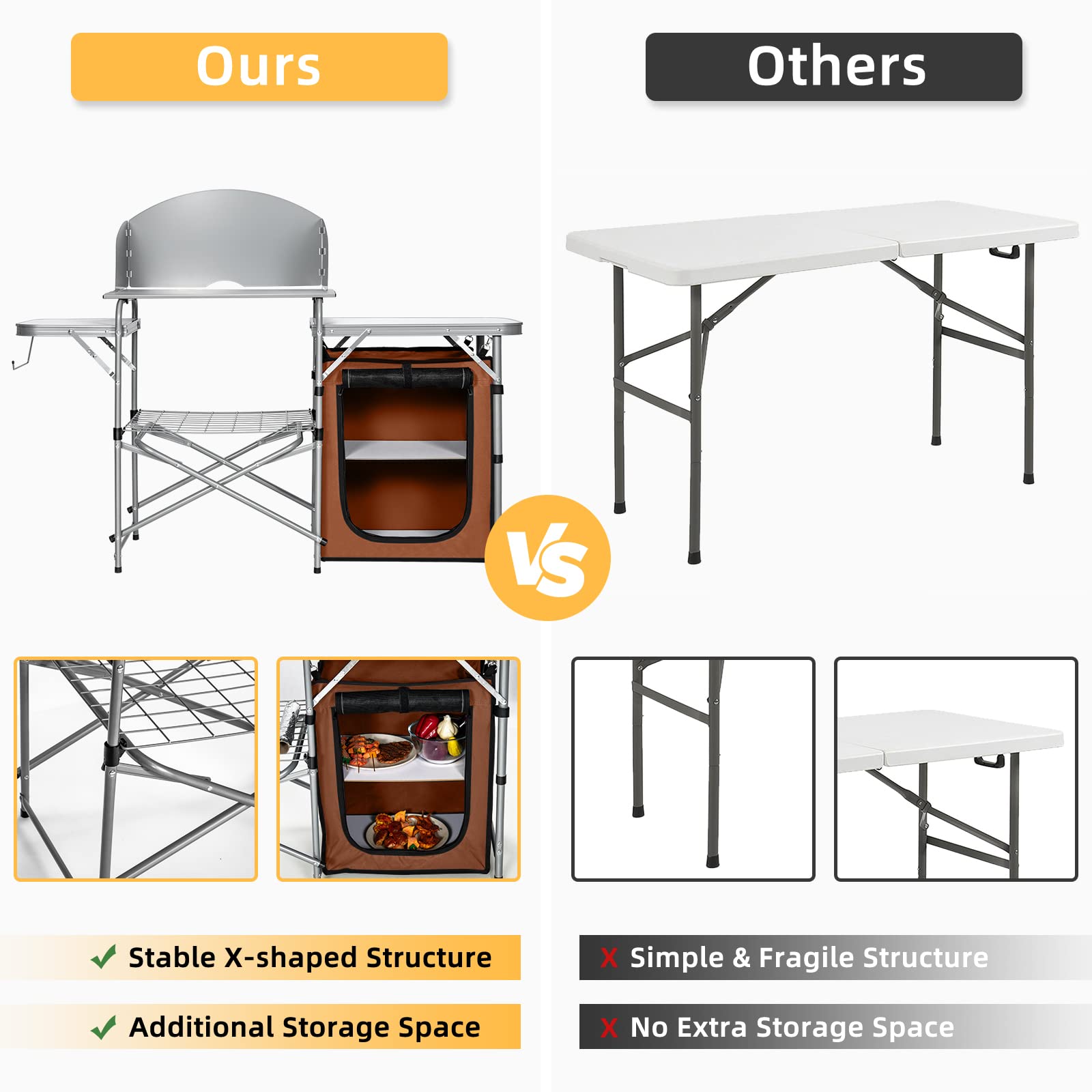 GYMAX Aluminum Portable Camping Kitchen, Folding Cooking Table with 26" Tabletop, Detachable Windscreen & Carrying Bag, Outdoor Grill Table for BBQ, Backyards