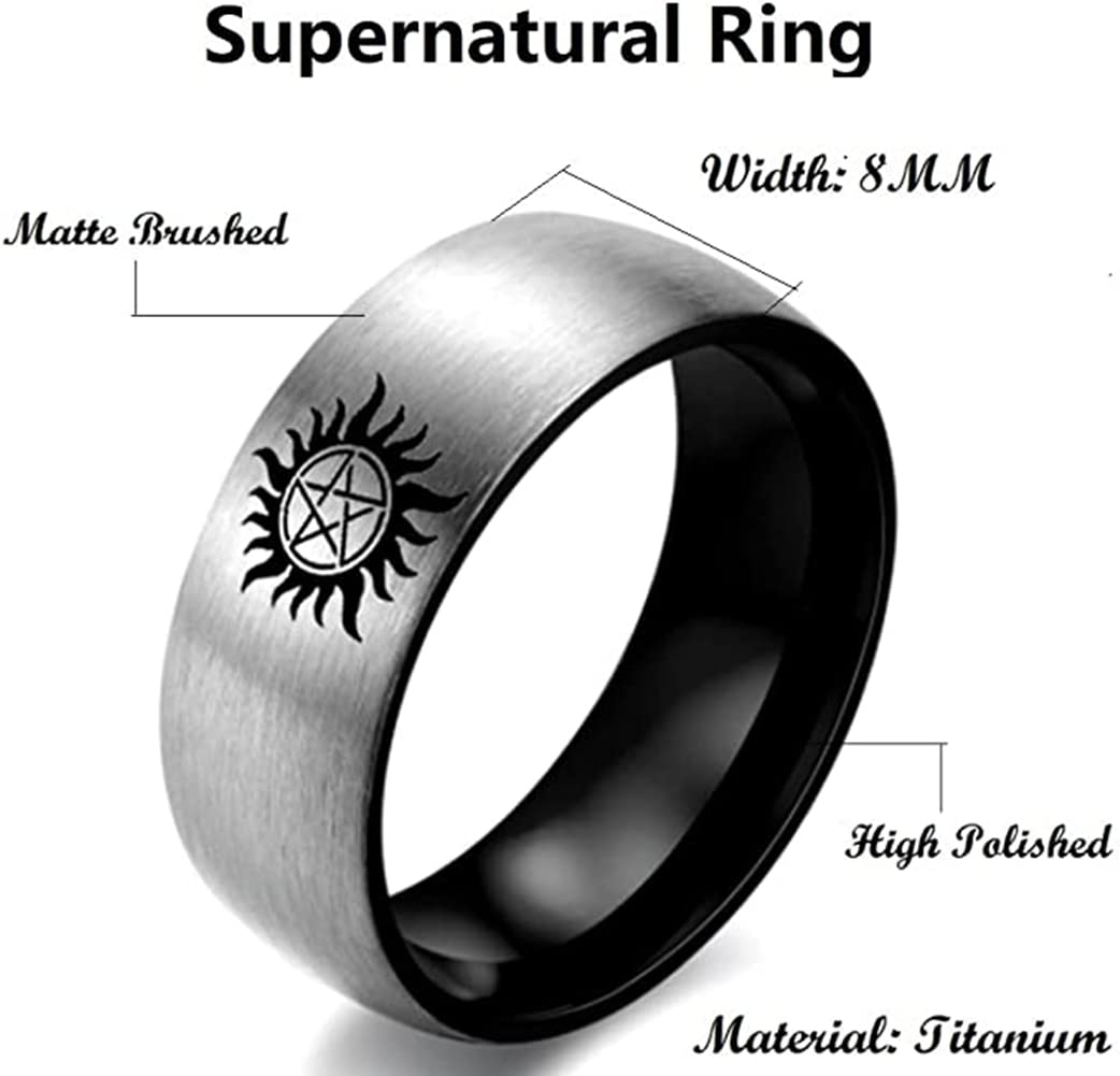 HHGVXTLE Supernaturall Ring Two-tone Matte Brushed Wedding Ring Charm Anti-Possession Symbol Titanium Band Ring (9)